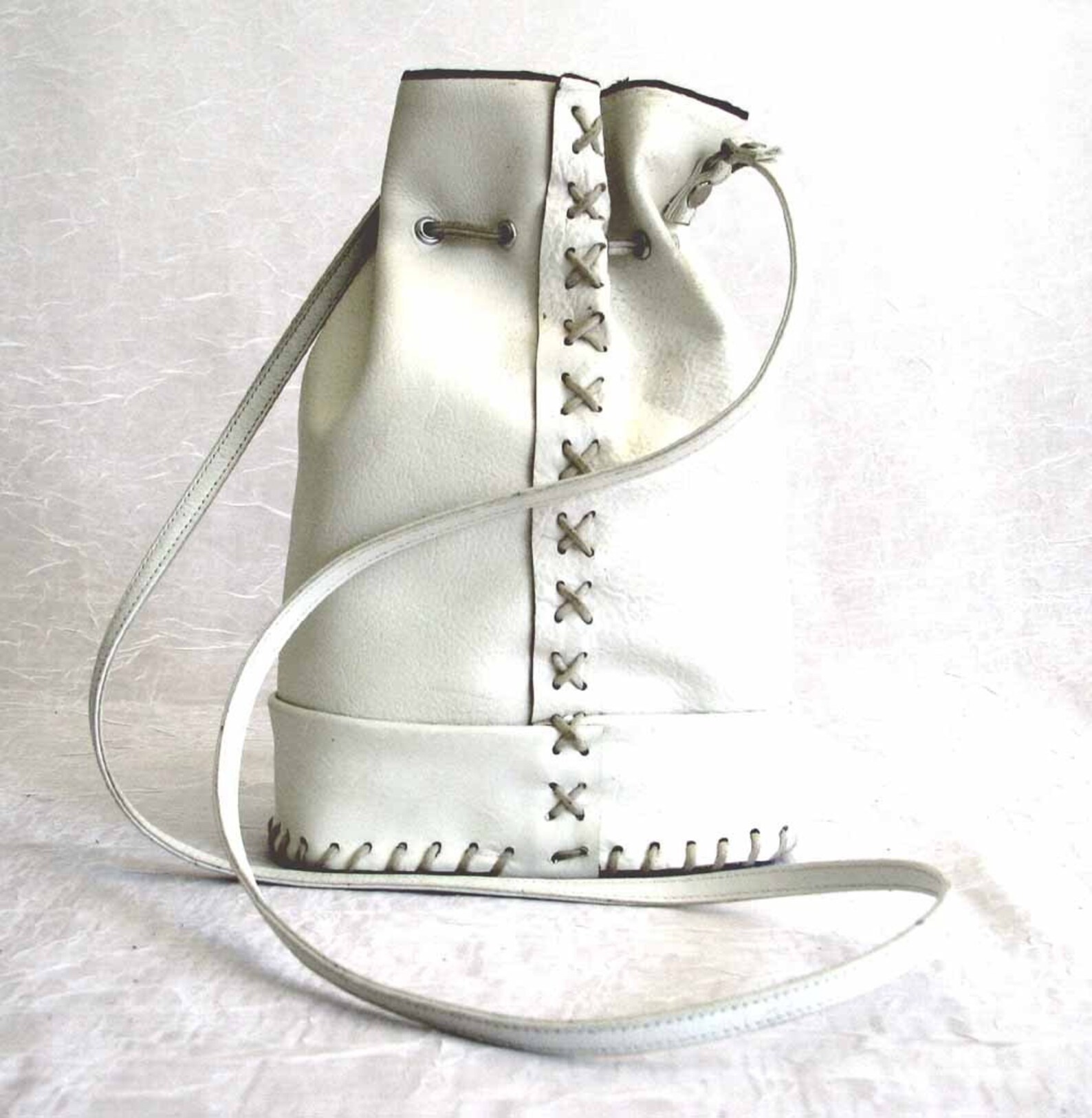 White Leather Drawstring Tote Shoulder Bag Handmade - Etsy