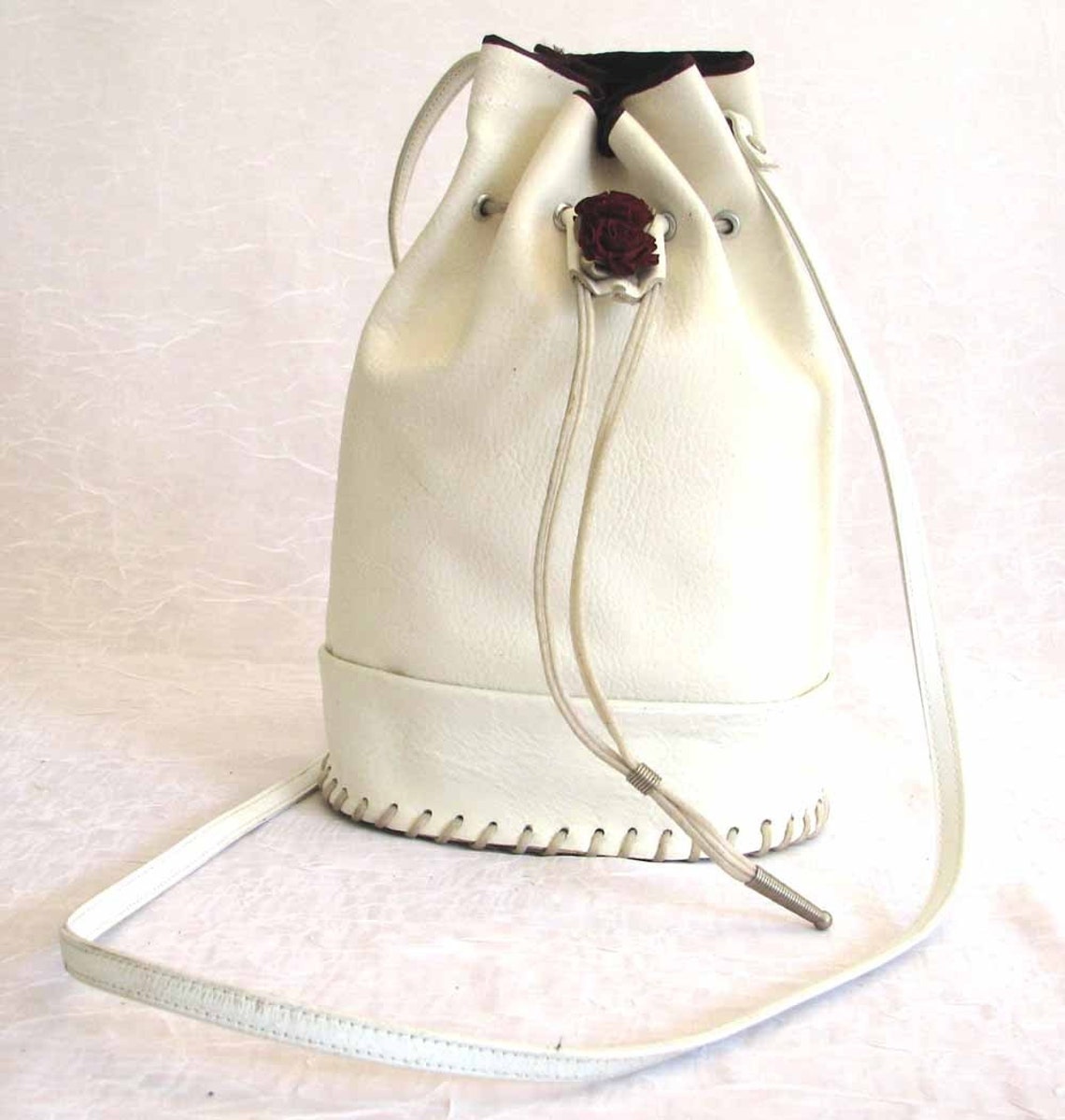 White Leather Drawstring Tote Shoulder Bag Handmade on Sale - Etsy