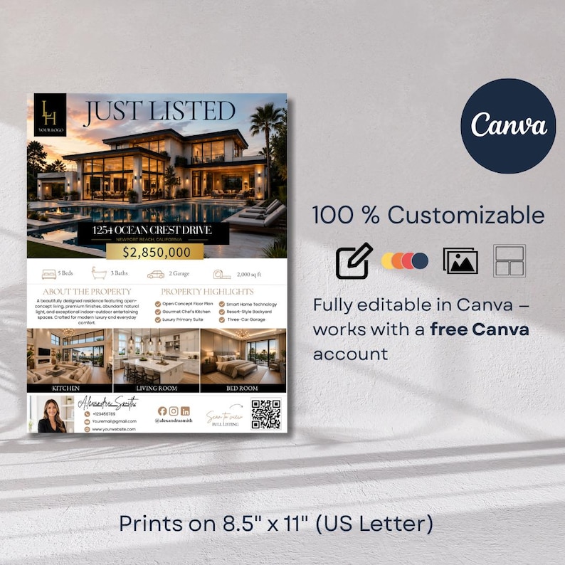 Just Listed Real Estate Flyer Template | Realtor Canva Template ...