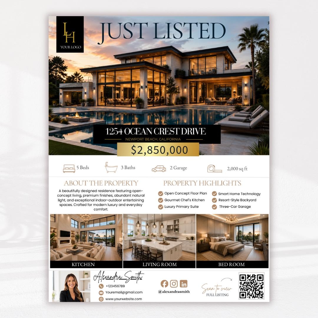Just Listed Real Estate Flyer Template | Realtor Canva Template ...