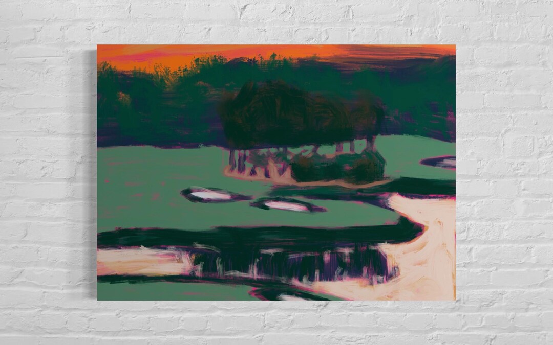 Sunset Golf Course Art Print, Abstract Landscape Wall Art, Green ...