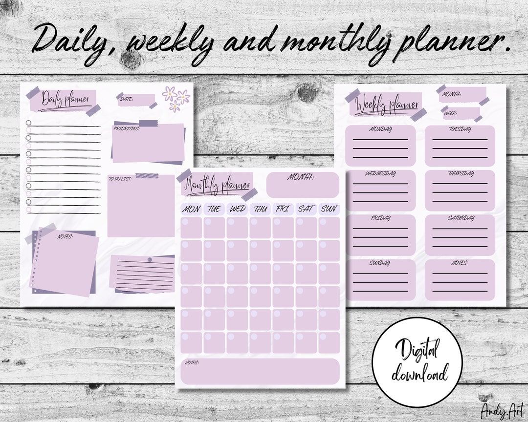 Daily, Weekly and Monthly Printable Planner, Planner Bundle, Printable ...