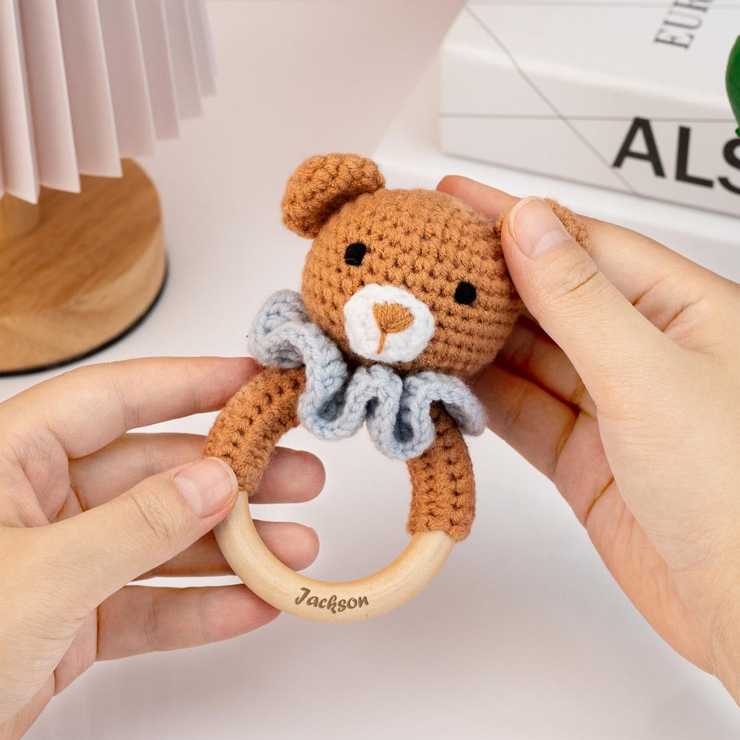 Engraved Animal Crochet Rattle With Name , Personalized Wooden Baby ...