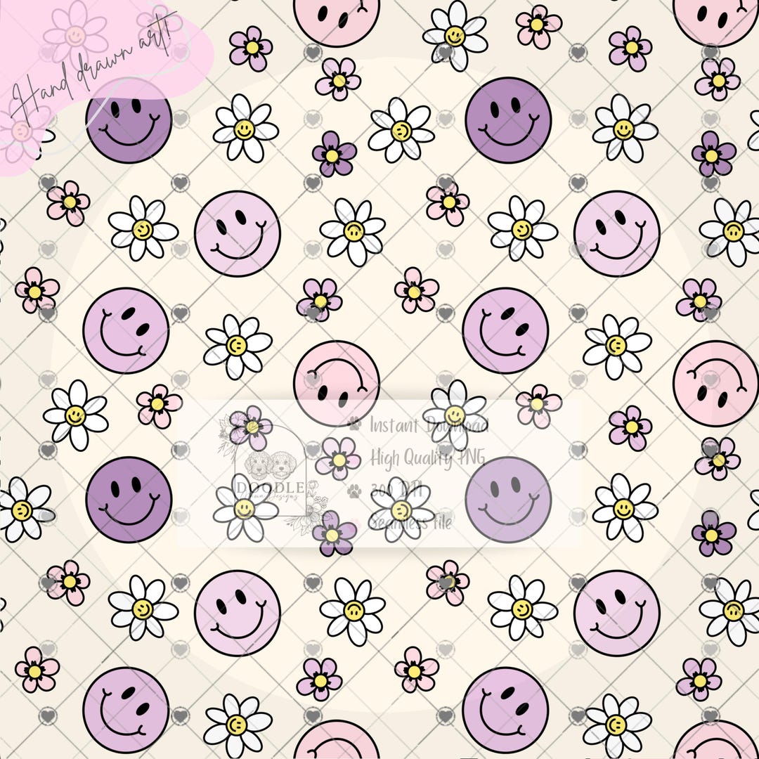 Retro Girly Smiley Face, Flower, Floral Neutral Pastel Pink Seamless ...
