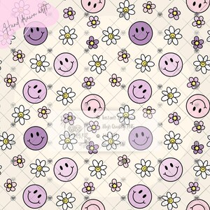 Retro Girly Smiley Face, Flower, Floral Neutral Pastel Pink Seamless ...