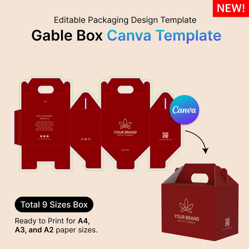 Packaging Gable Box Design Template for Canva, Editable Product ...