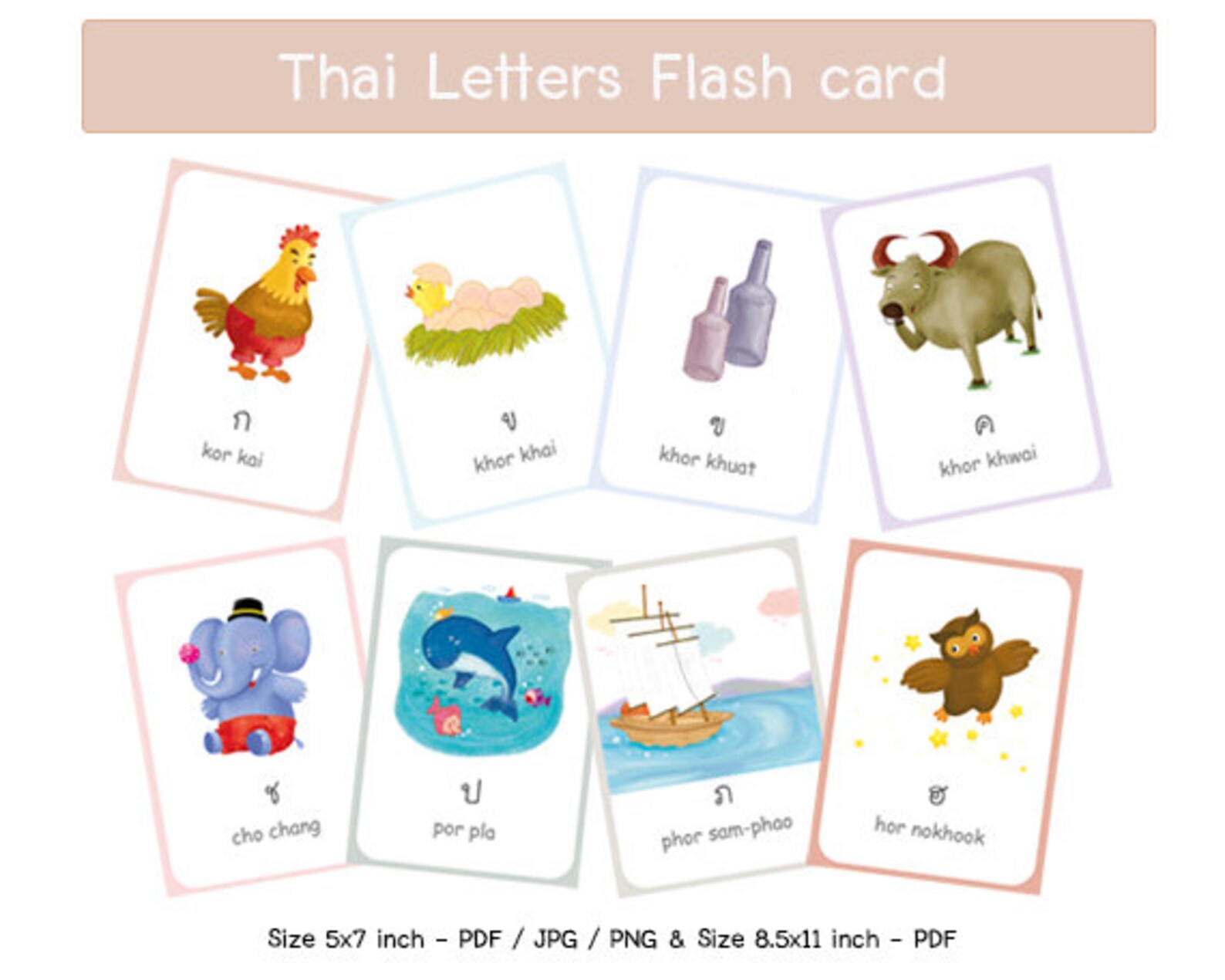 44 Thai Alphabets Flash Card, Thai Flash Cards, Thai Letters Flash Card ...