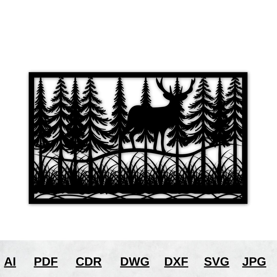 Forest Scene SVG DXF Deer in the Forest Svg Landscape Laser File ...