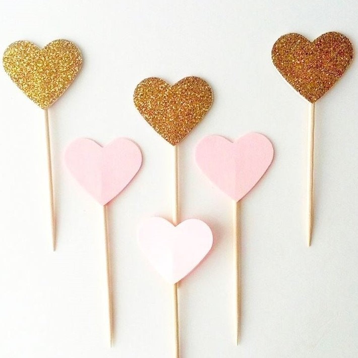 12 Hot Pink and Gold Heart Cupcake Topper Gold Glitter | Etsy