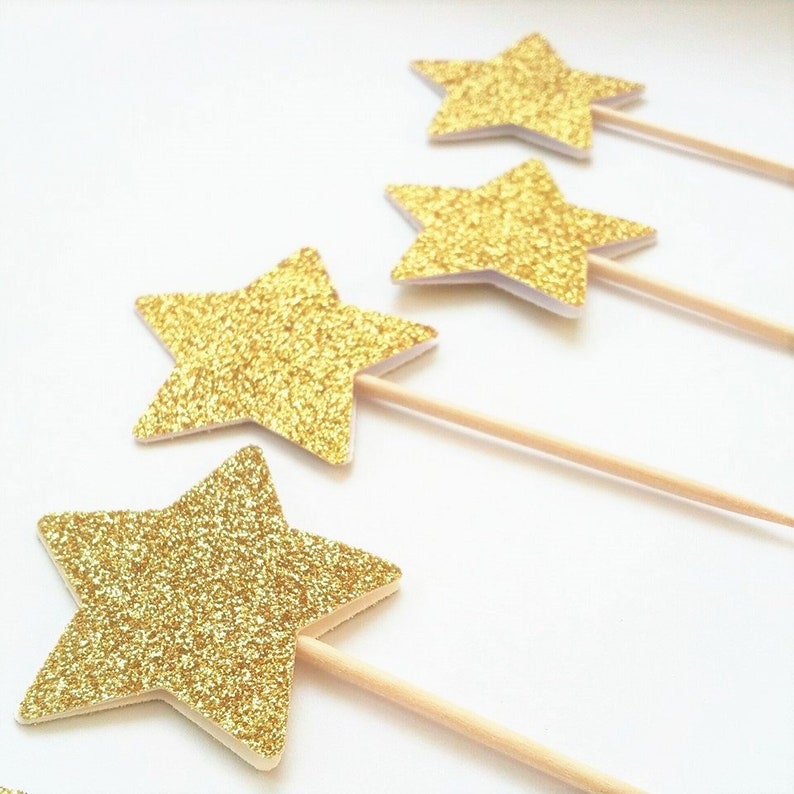 Gold Star Cupcake Topper Gold Glitter Cupcake Star Double | Etsy