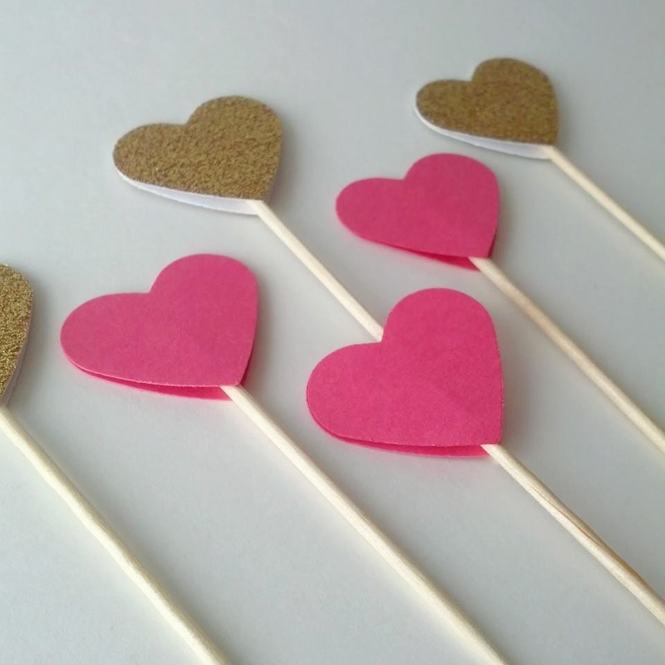 12 Hot Pink and Gold Heart Cupcake Topper Gold Glitter | Etsy