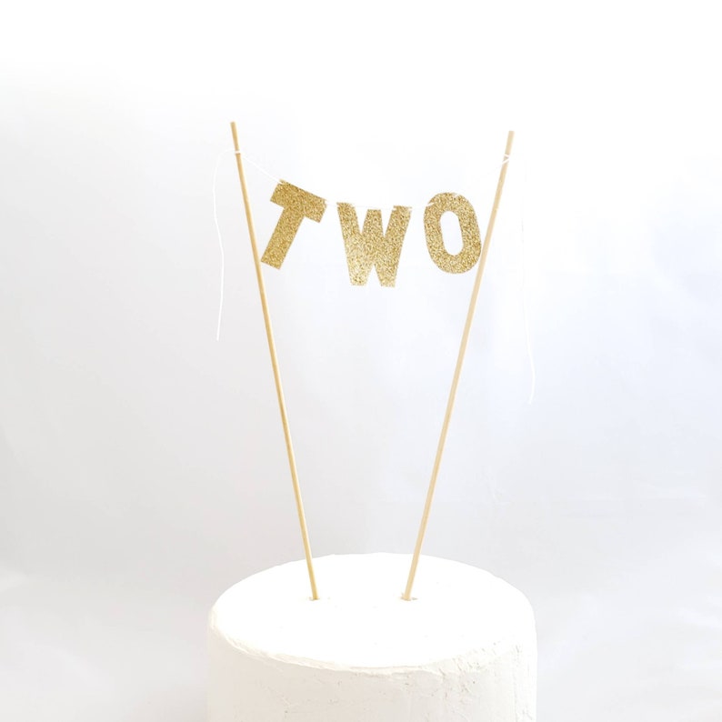 TWO Hand Cut Cake Topper - Gold Glitter Linen Second Birthday Cake ...