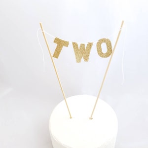 TWO Hand Cut Cake Topper - Gold Glitter Linen Second Birthday Cake ...