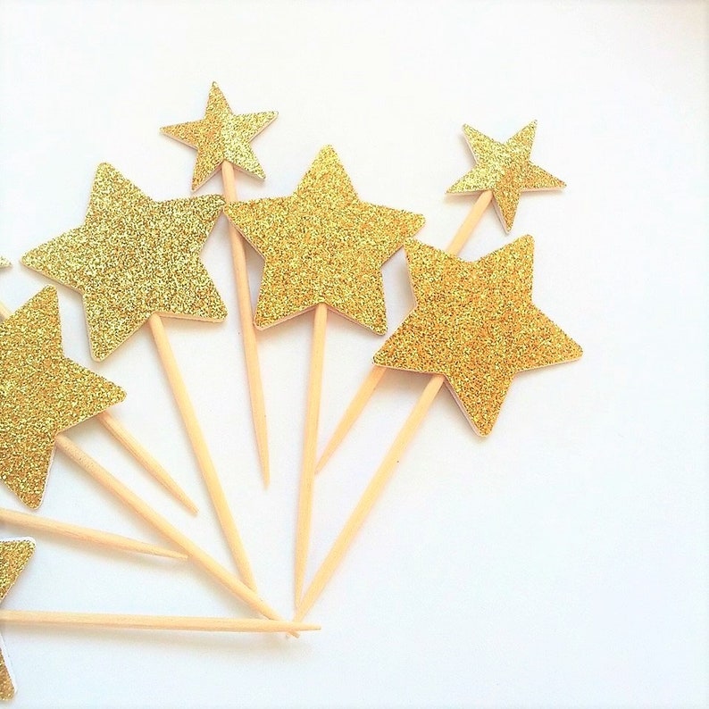 Two Size Star Gold Star Cupcake Topper Gold Glitter Cupcake | Etsy