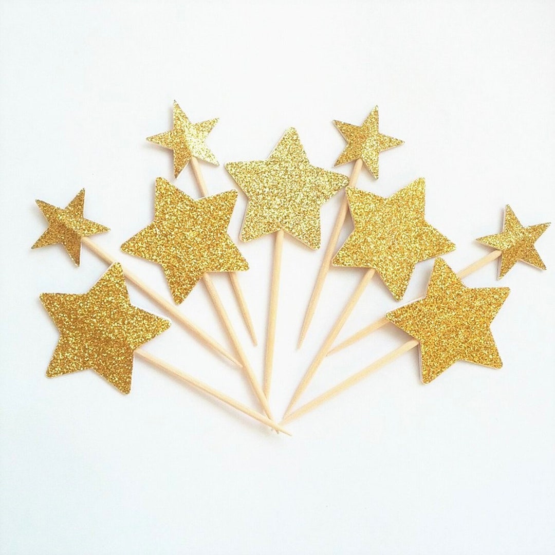 Two Size Star Gold Star Cupcake Topper - Gold Glitter Cupcake Star ...
