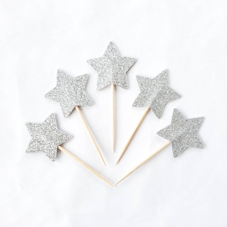 Silver Star Cupcake Topper Silver Glitter Stars Twinkle | Etsy