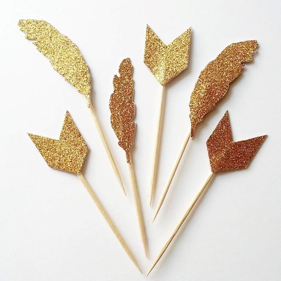 Bow and Arrow Cake Topper- Feather Cupcake Toppers - Gold Cupcake ...