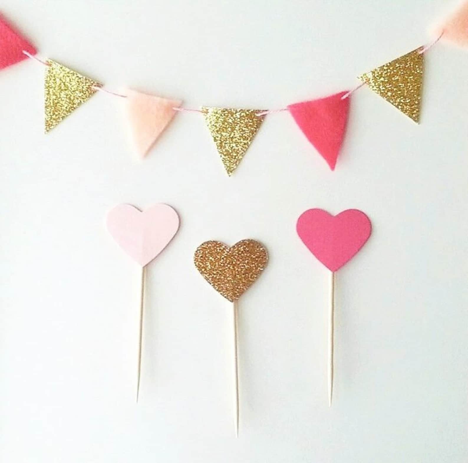 12+ Hot Pink and Gold Heart Cupcake Topper - Gold Glitter Cupcake Heart ...