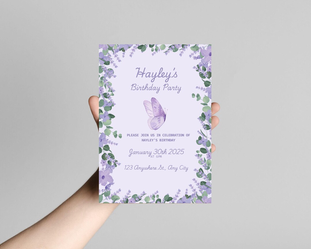 Purple Butterfly Birthday Invitation | Editable Floral Digital Template ...