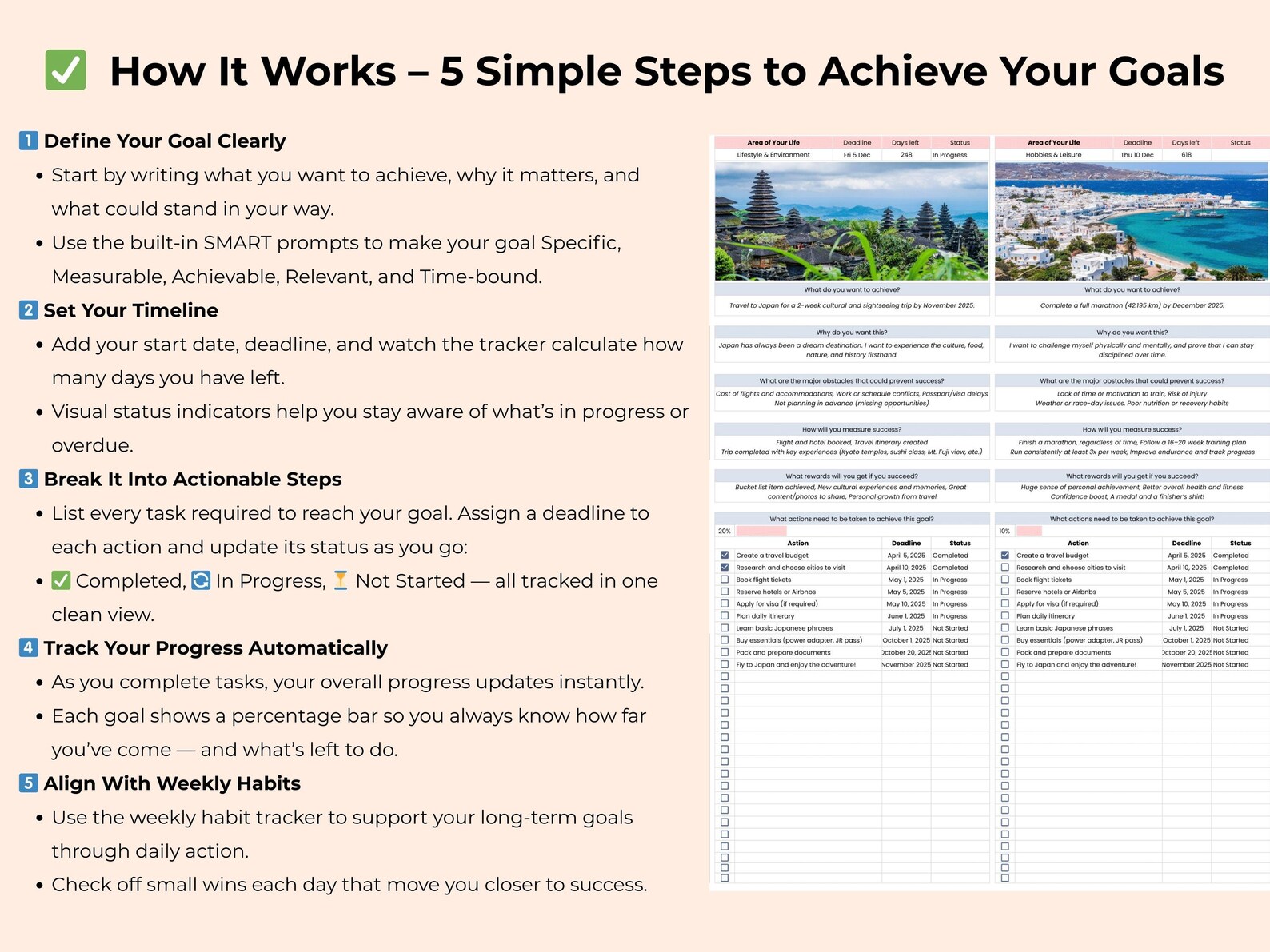SMART Goals Tracker Google Sheets | KPI, Tasks & Progress Charts (pink ...