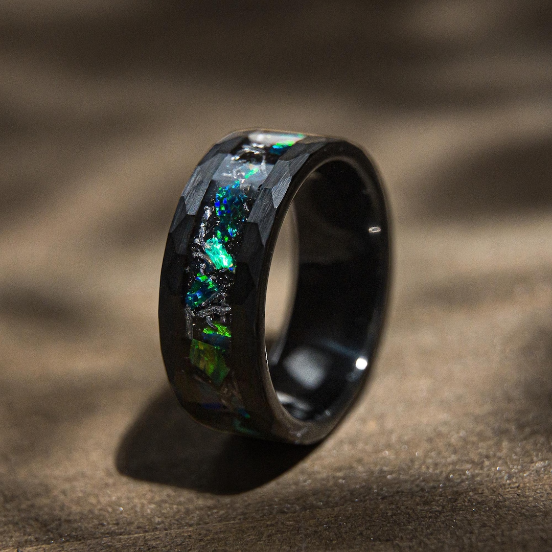 Meteorite and Emerald Green Opal Hammered Tungsten Ring, Black Brushed ...