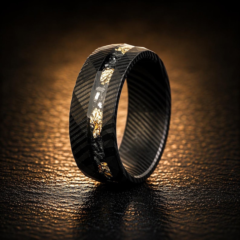 Damascus Steel Ring With Gold and Meteorite Flakes, 8mm Mens Wedding ...