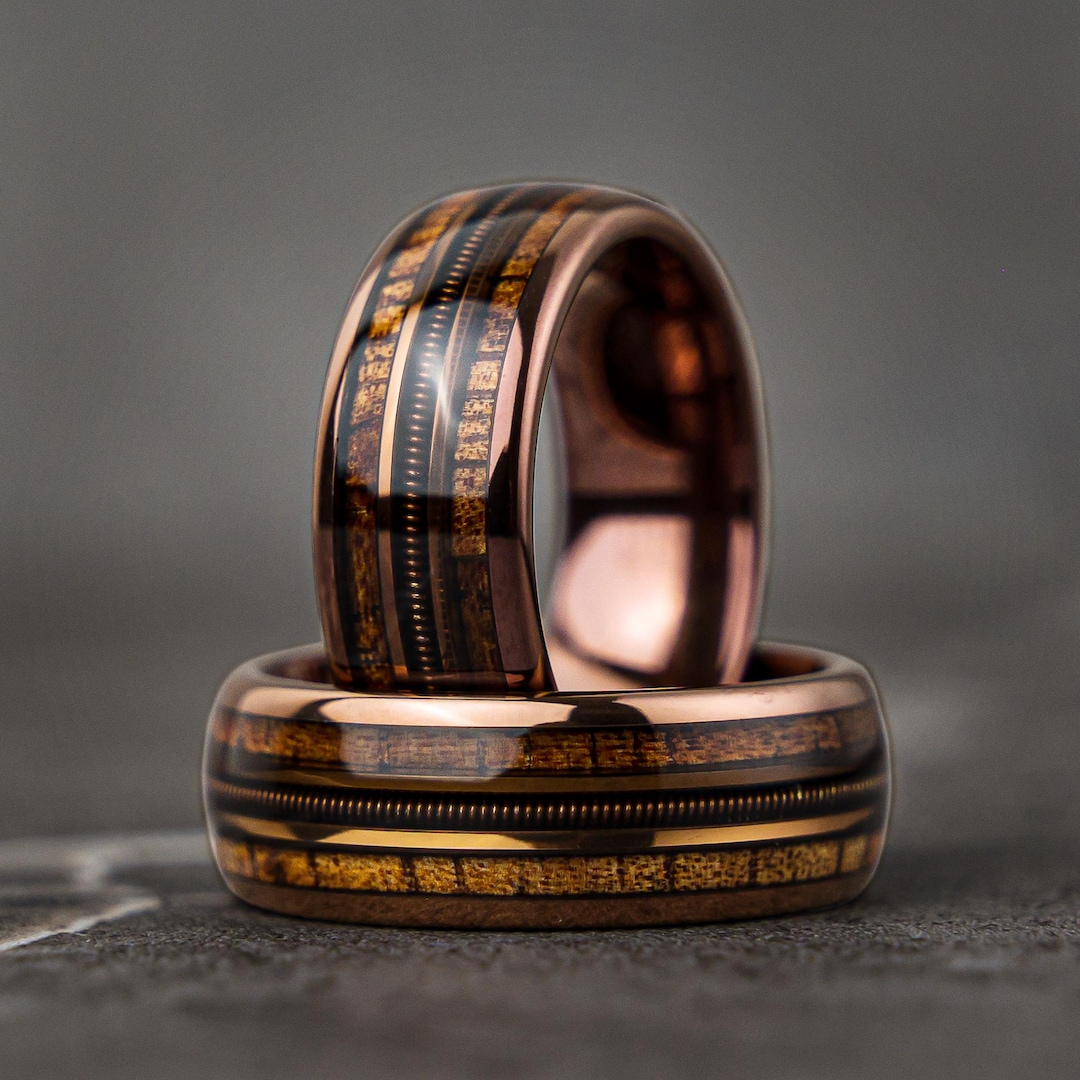 Guitar String Whiskey Barrel Mens Wedding Ring, Rose Gold Tungsten Band ...