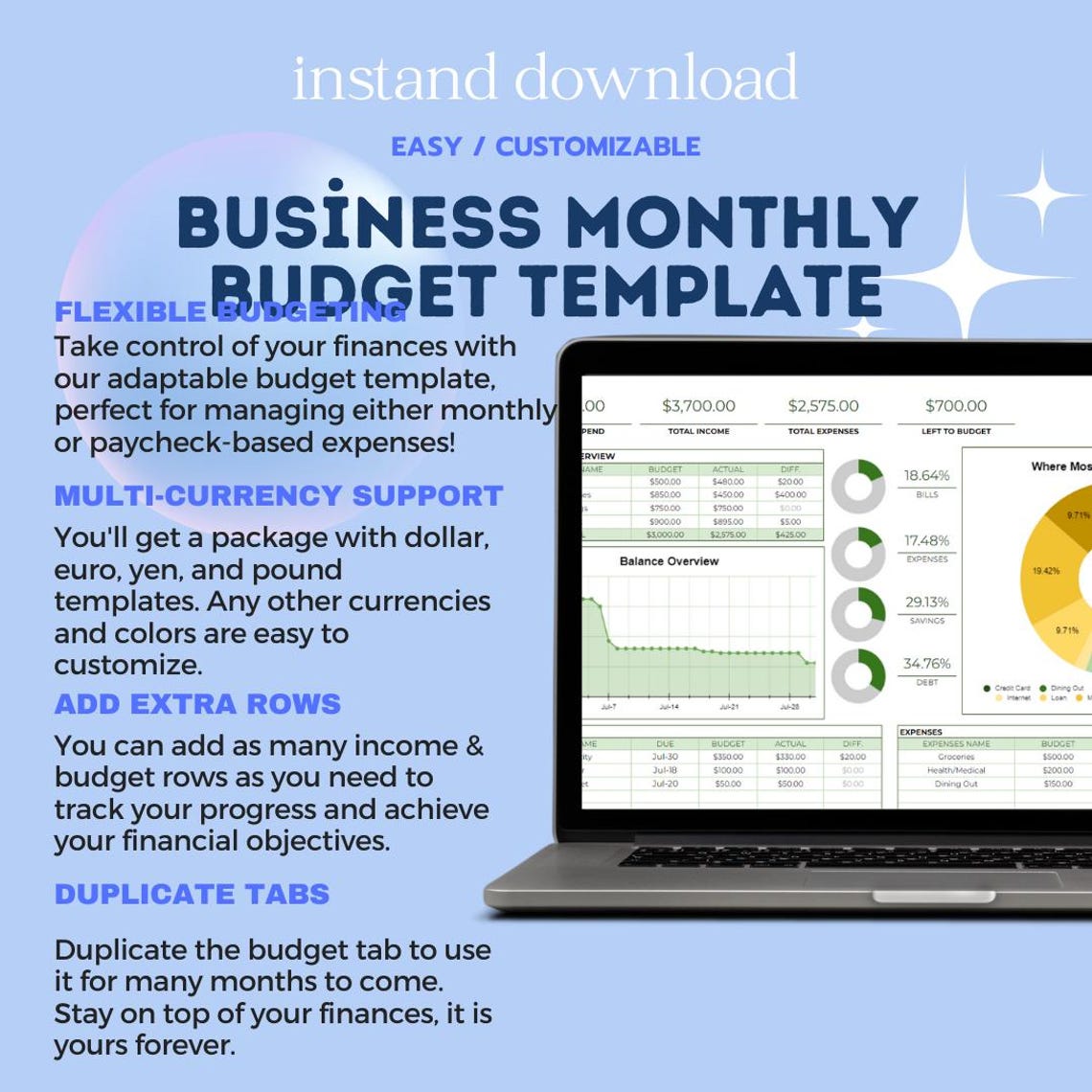 Business Monthly Budget Template Editable Google Sheets, Digital ...
