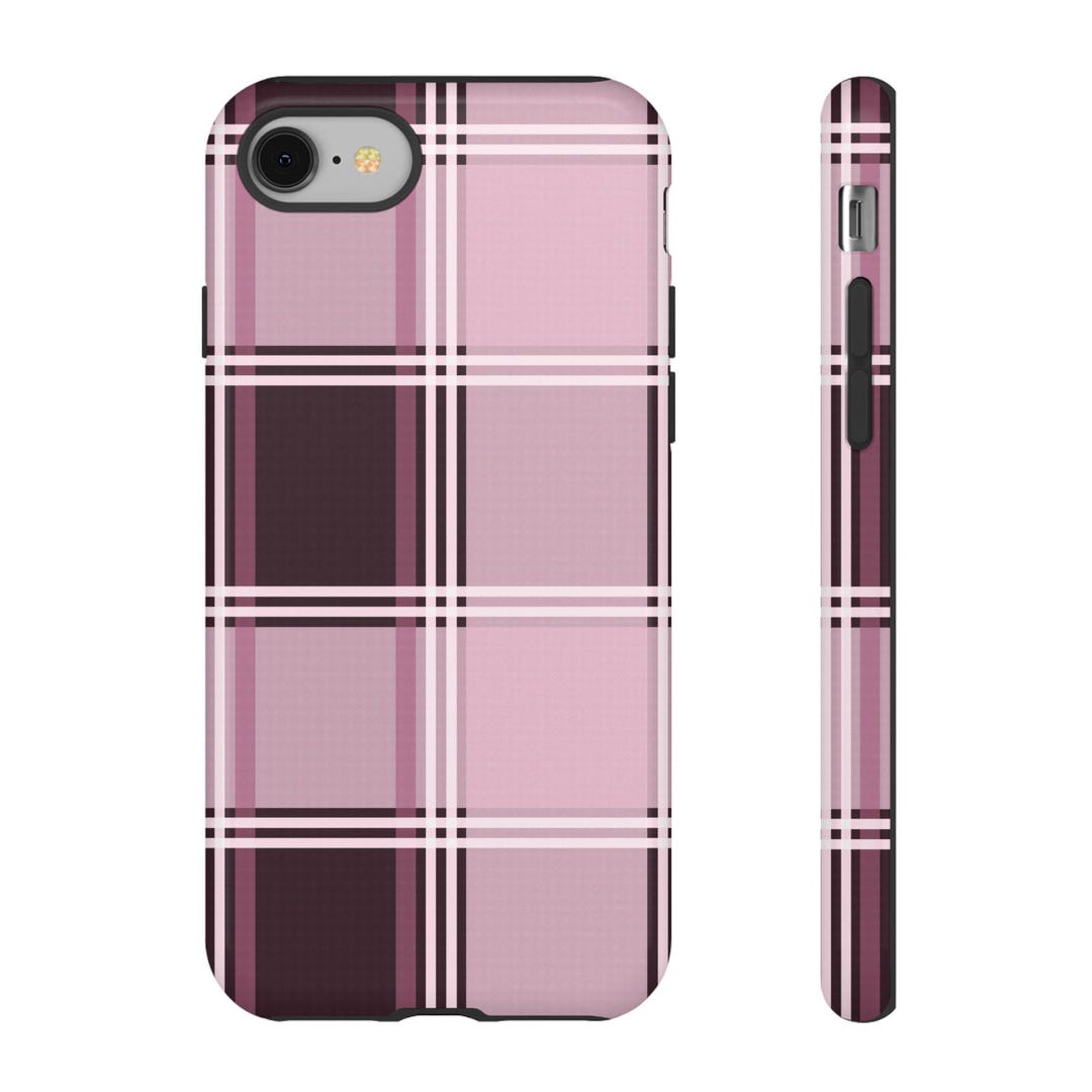 Plaid Tough Phone Case, Pink Grid Pattern Cover, Protective Smartphone ...