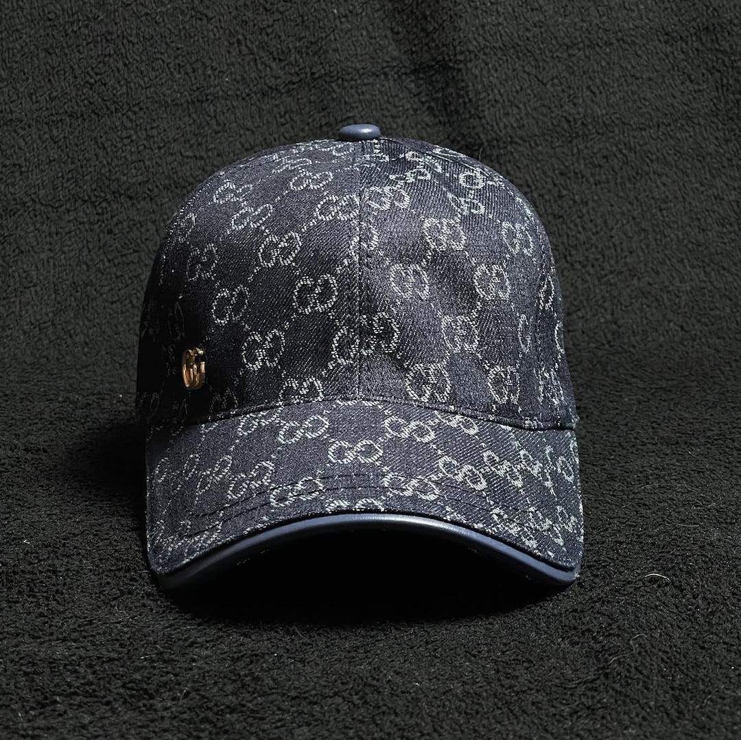 Gucci Blue Monogram Vintage Cap With Gold Metal Logo Denim Good ...