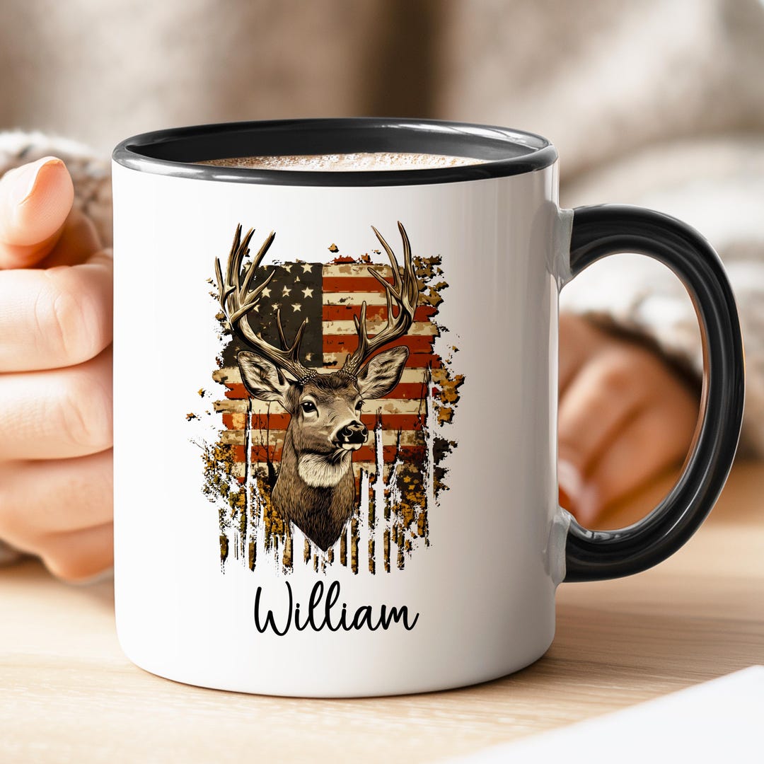 Personalized Deer Hunting Mug With Name, American Flag Buck Coffee Cup ...