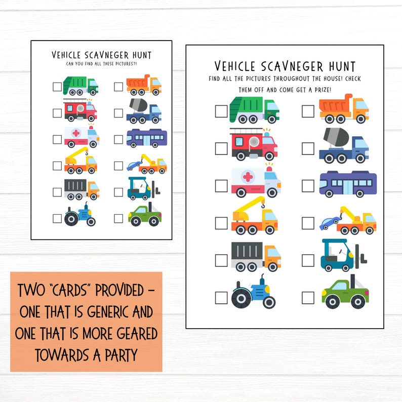Vehicle Truck Scavenger Hunt Printable for Kids, Indoor Scavenger Hunt ...