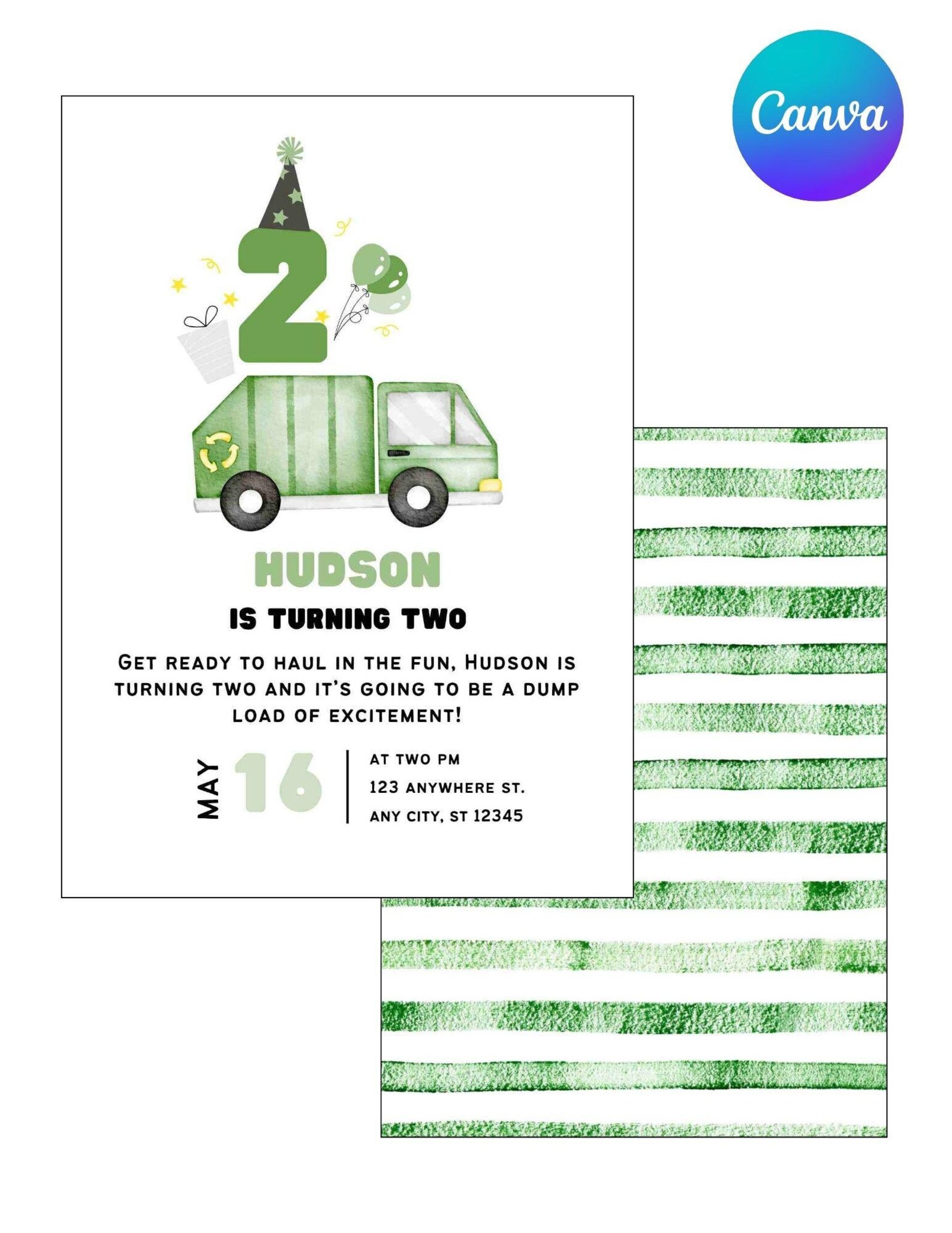 Editable Watercolor Garbage Truck Birthday Invitation (digital Download ...