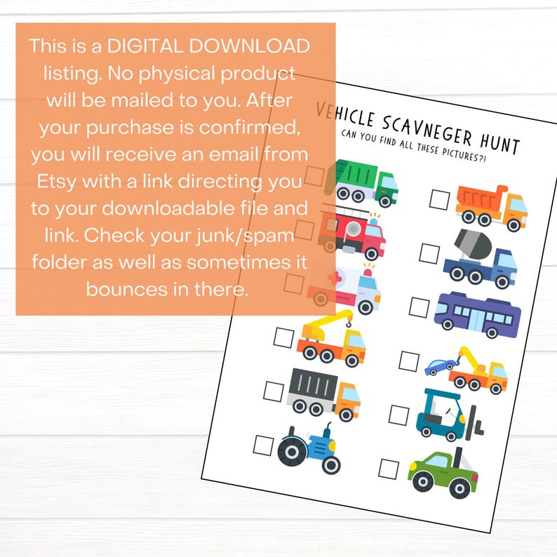 Vehicle Truck Scavenger Hunt Printable for Kids, Indoor Scavenger Hunt ...