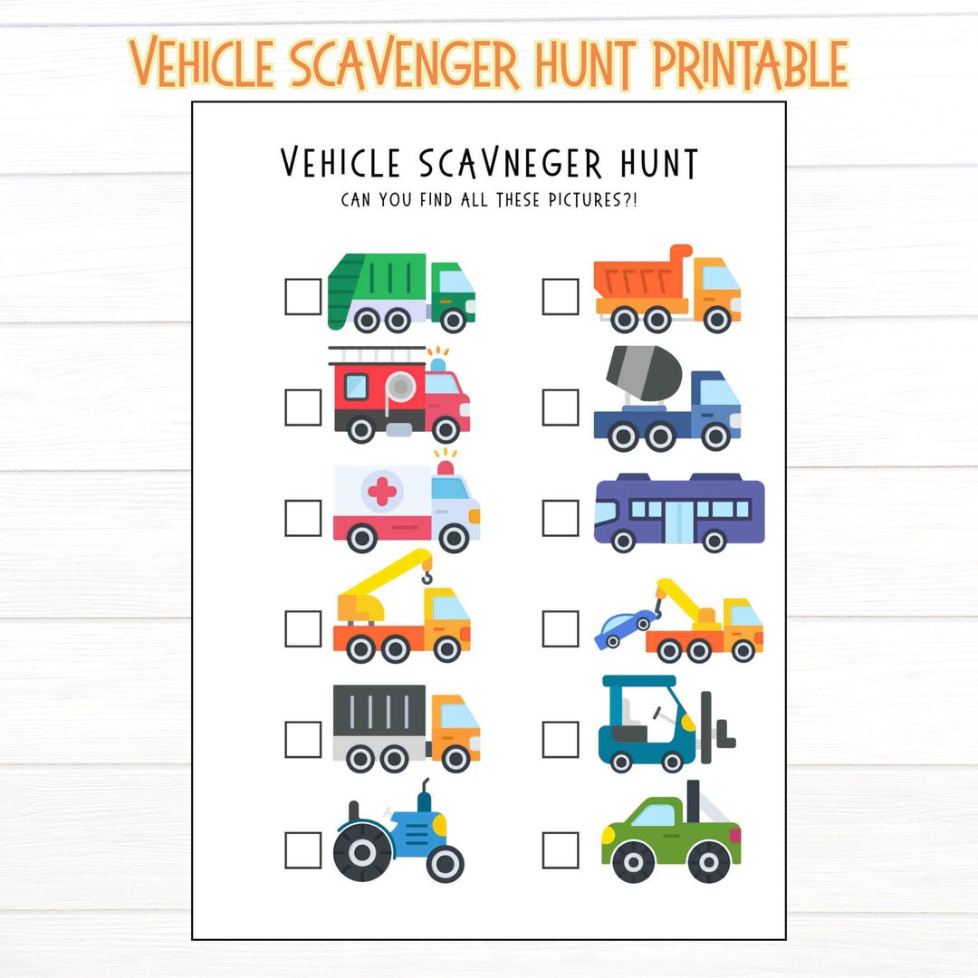 Vehicle Truck Scavenger Hunt Printable for Kids, Indoor Scavenger Hunt ...