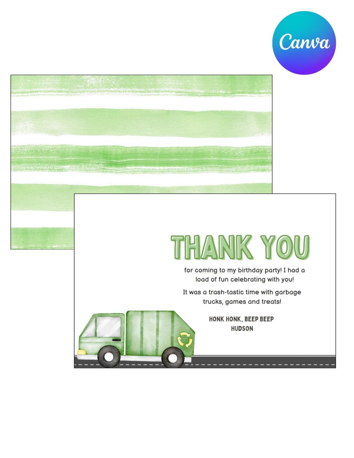 Garbage Truck Birthday Thank You Card: Watercolor Design (editable ...