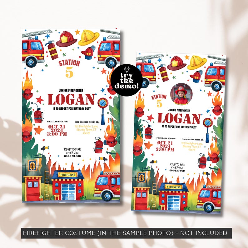 Editable Firefighter Birthday Invitation, Firefighter Party Digital ...