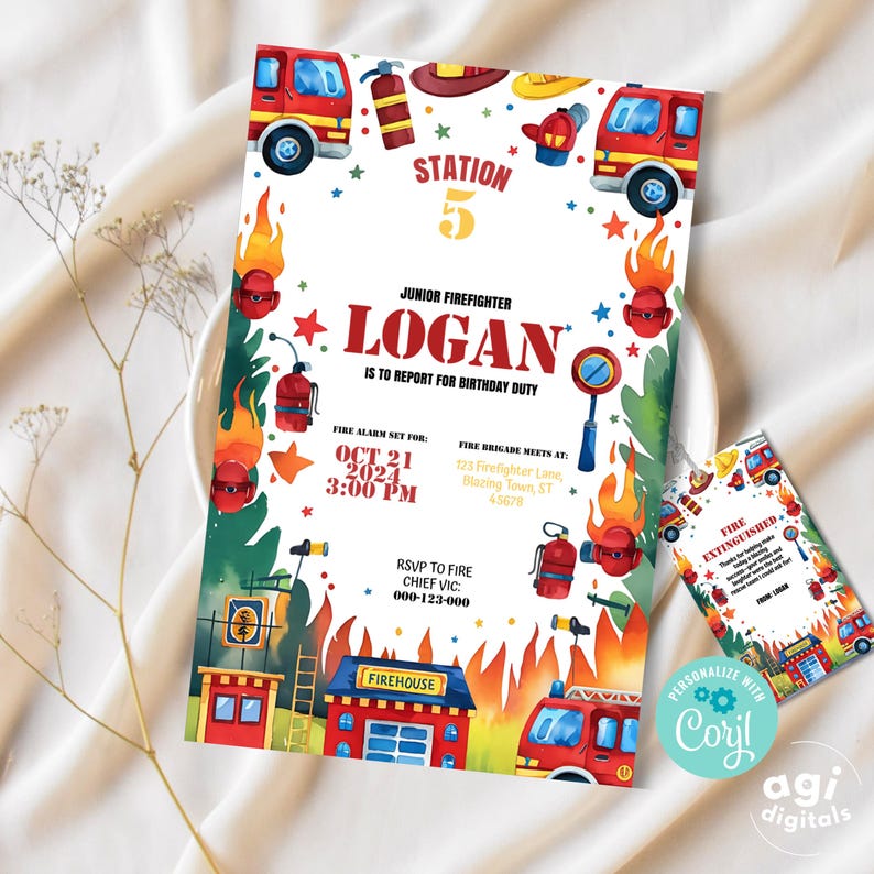 Editable Firefighter Birthday Invitation, Firefighter Party Digital ...
