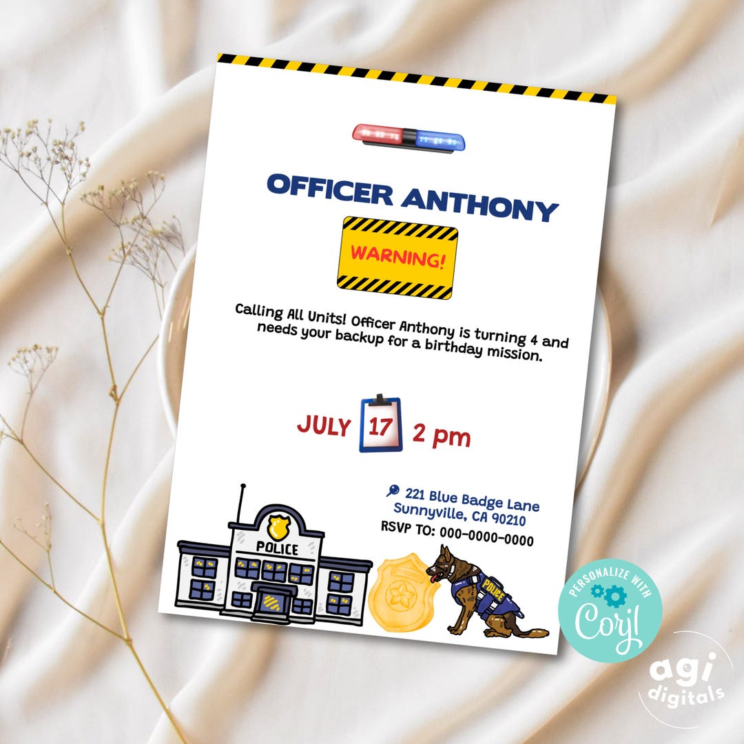 Editable Minimalist Police Invitation Template, Police Party Digital ...