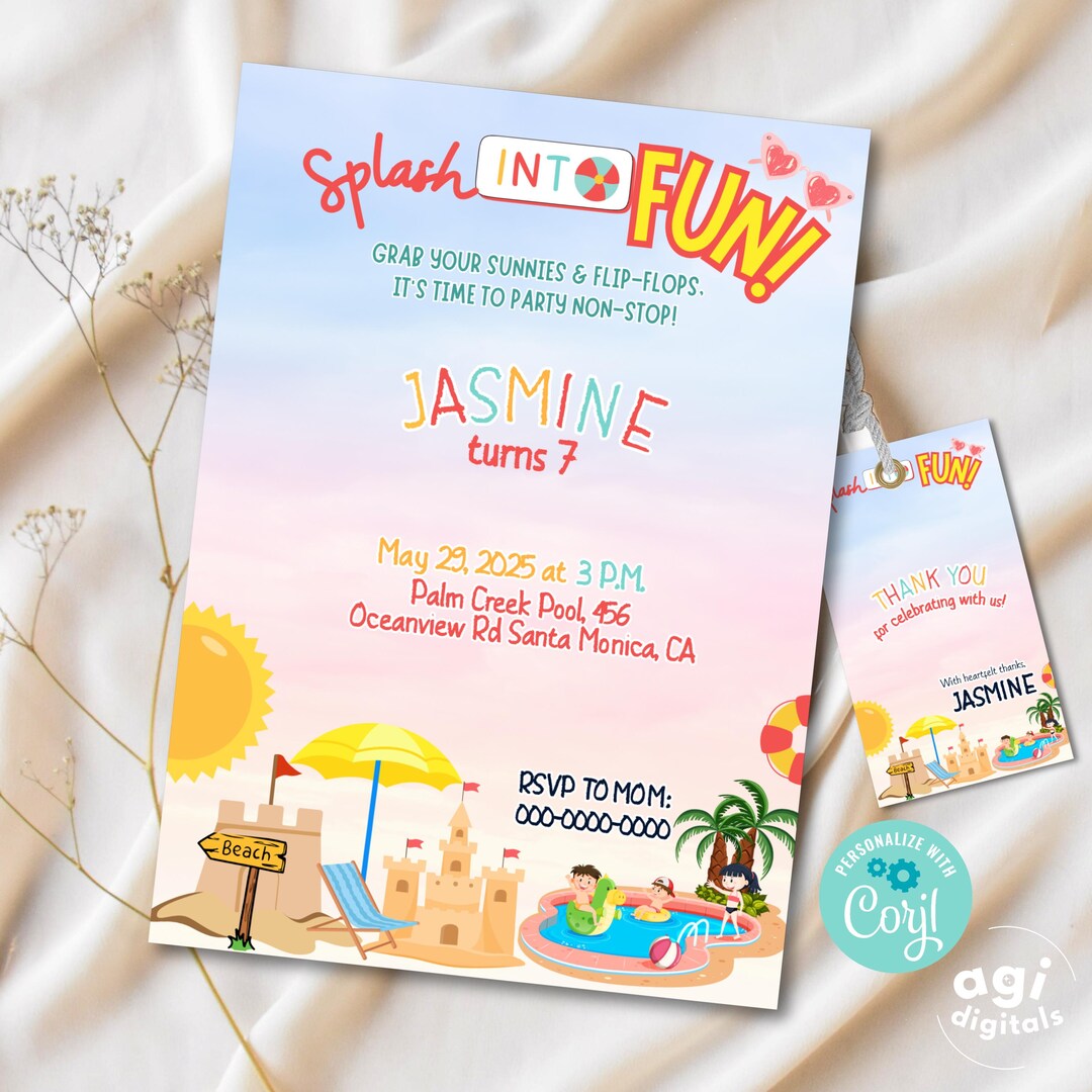 Summer Birthday Invitation, Swimming Party, Beach Evite, Splash ...