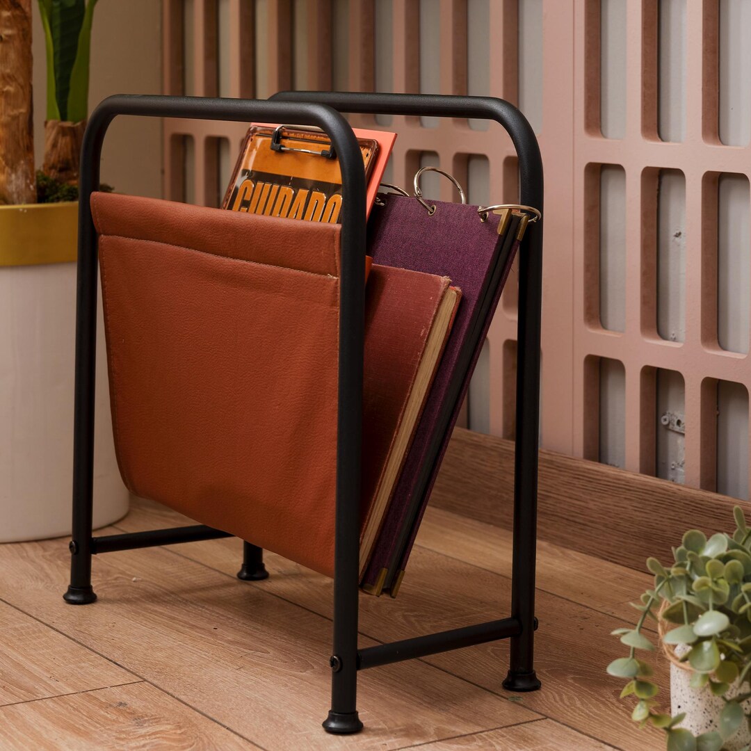 Modern Metal and Leather Magazine Rack Industrial Bookcase, Minimalist ...