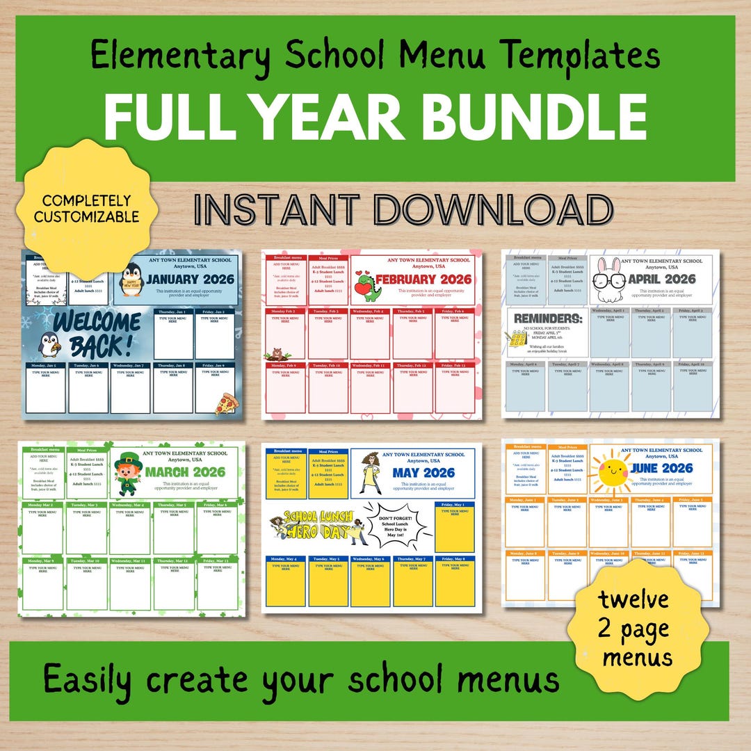 School Lunch Menu Template Pack | 12 Months | Editable in Canva ...