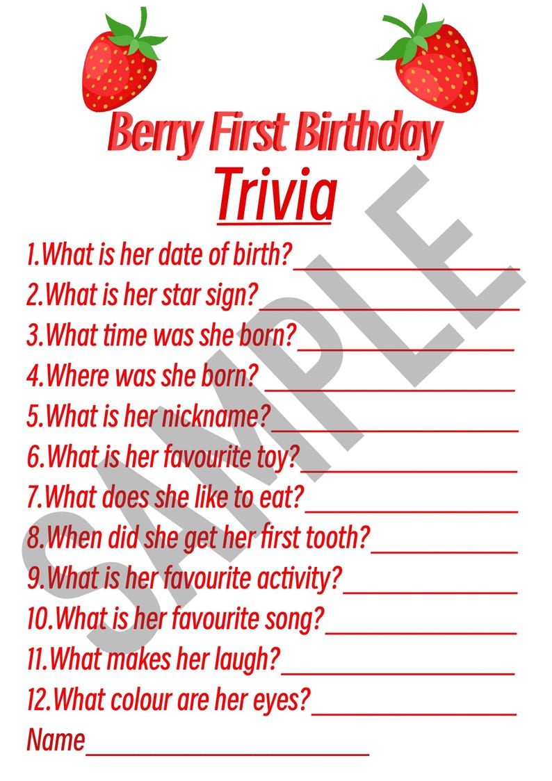Berry First Birthday - Printable Party Games. Personalisation Available ...