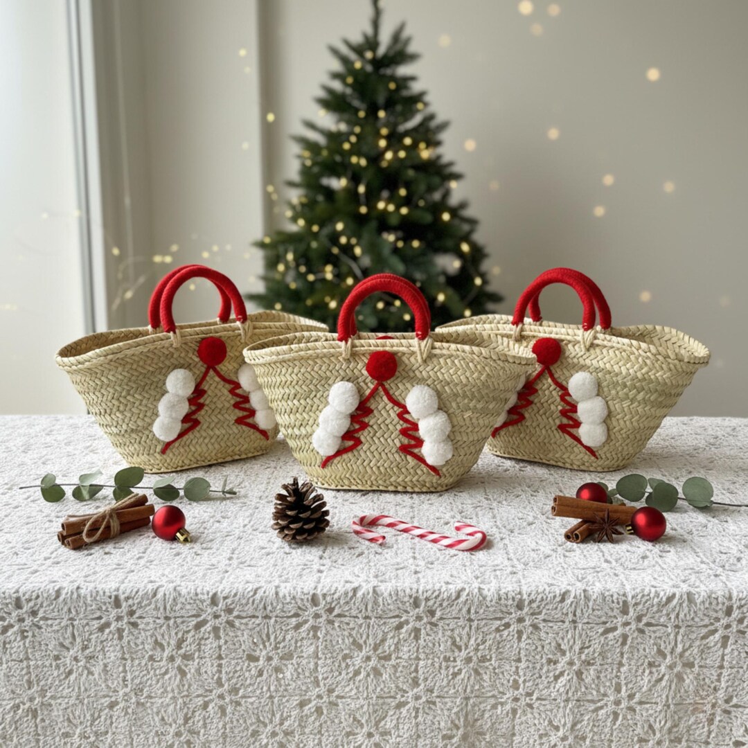 Woven Straw Christmas Tree Basket With Red Handles, Handmade Holiday ...