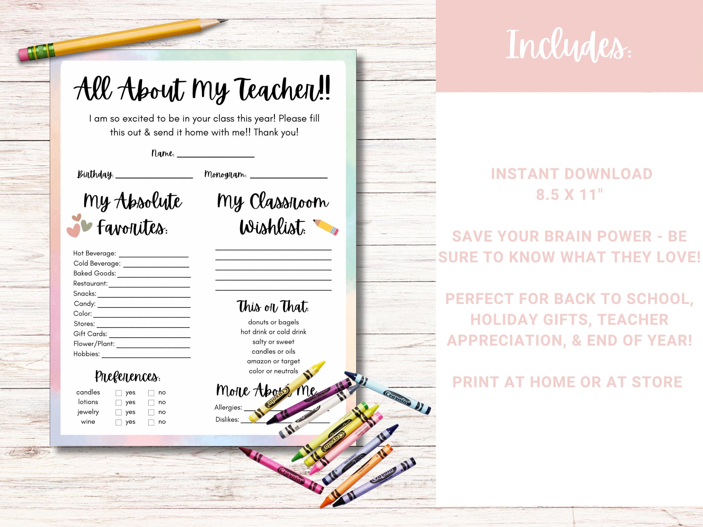 All About My Teacher Printable, Teacher Christmas Gifts, Christmas ...