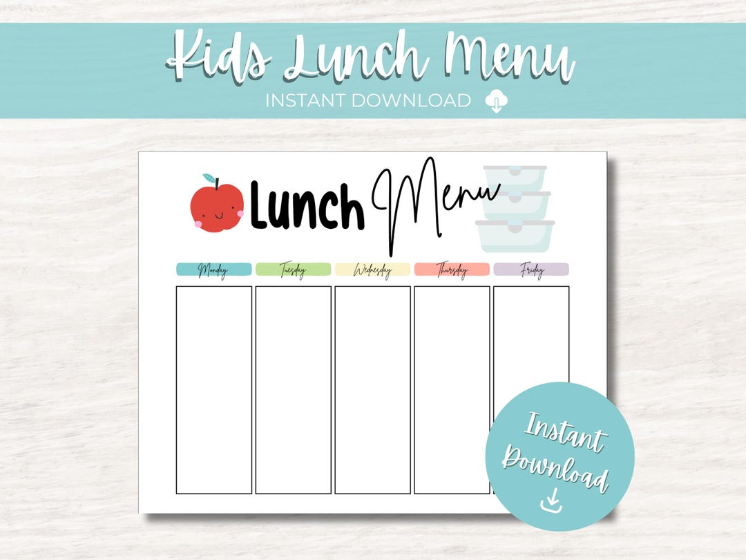 Weekly Meal Chart for Kids & Toddlers, Kids Menu Printable for School ...