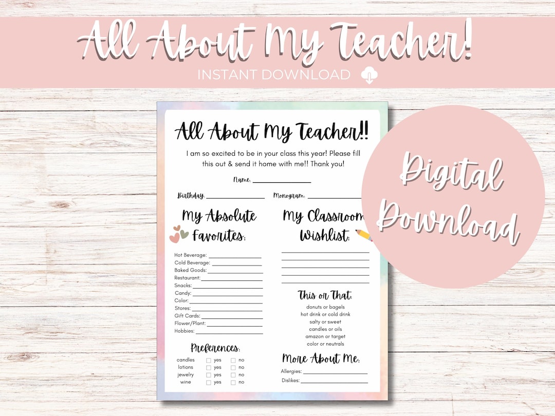 All About My Teacher Printable, Teacher Christmas Gifts, Christmas ...