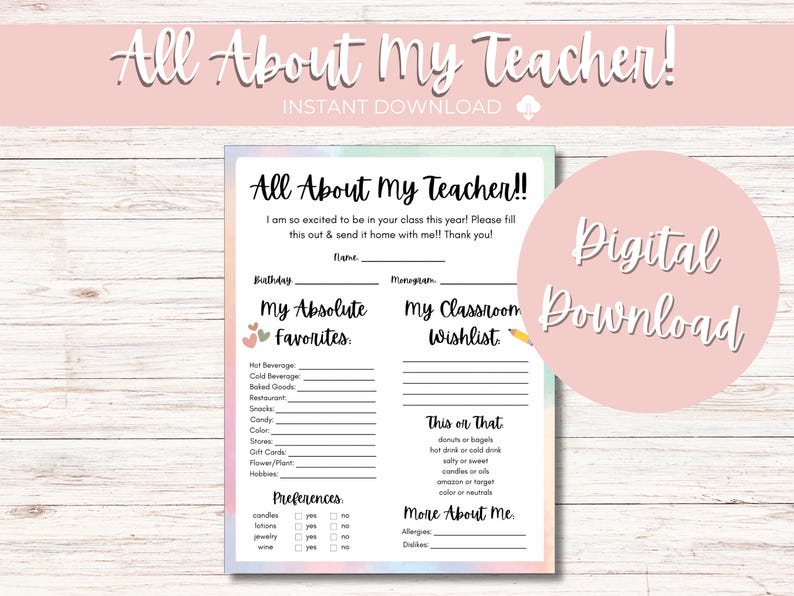 All About My Teacher Printable, Teacher Christmas Gifts, Christmas ...