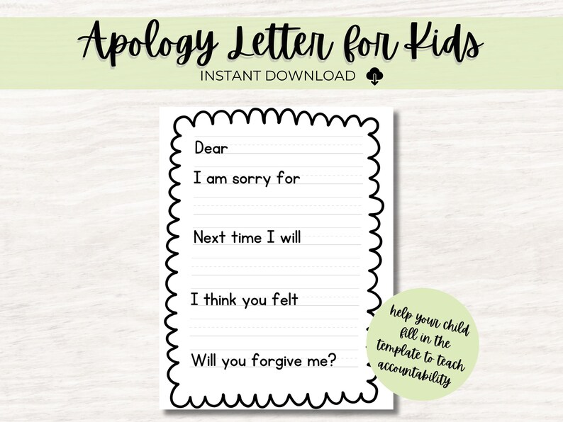 Kids Apology Letter Template, Social Emotional Learning (instant ...