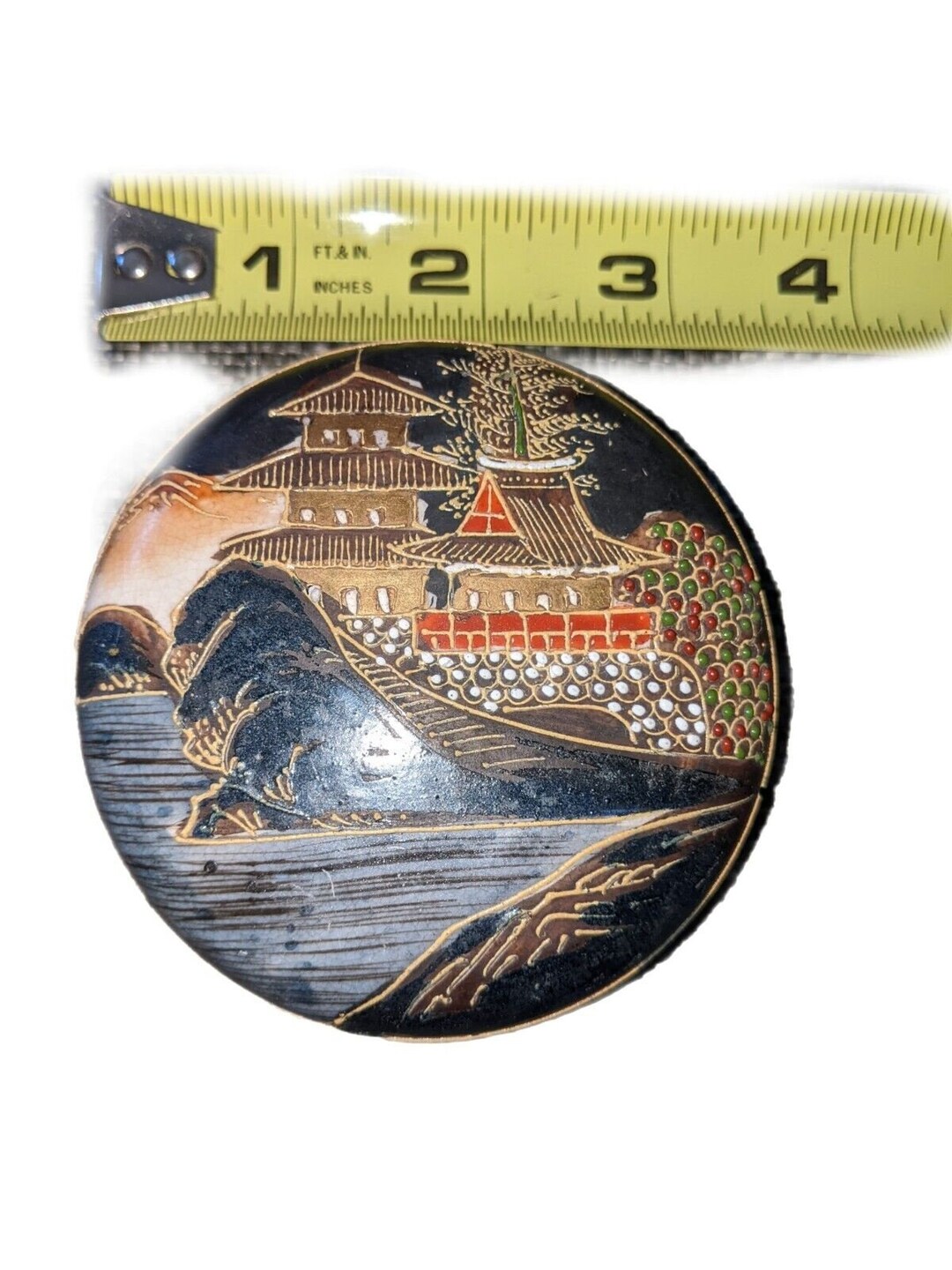 Japanese Trinket Box Black and Gold Color Porcelain Temple River Mt ...